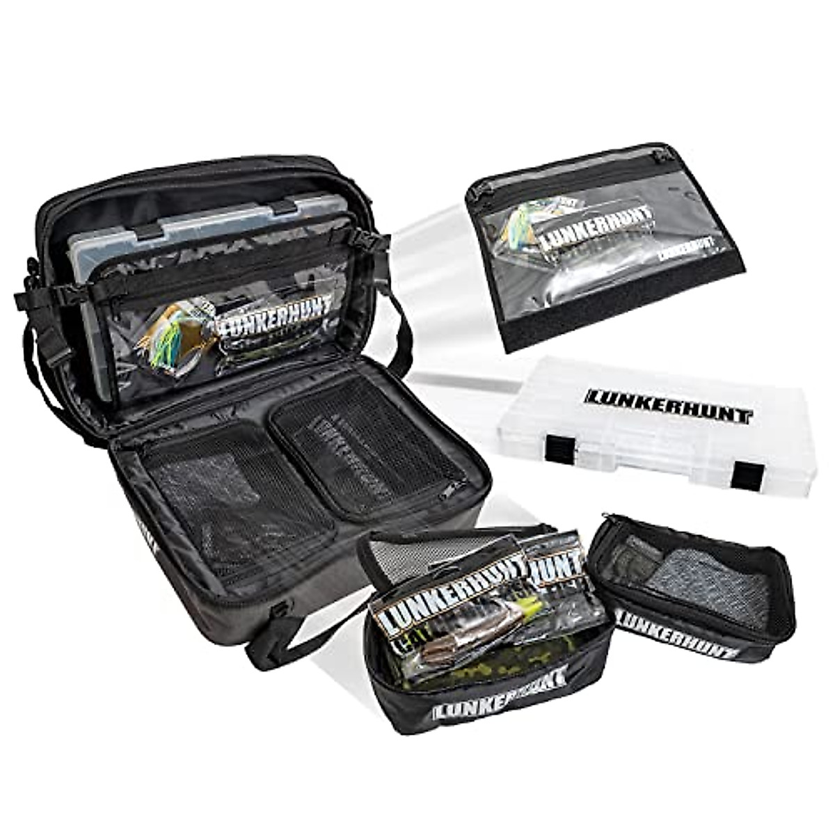 Lunkerhunt Fishing Sling Bag with Adjustable Strap | Tackle Bag with Tackle Box trays (1 included) | 2 Removable Fishing Gear Bags | Water-Resistant TPE fabric |Messenger Bag for Fishing