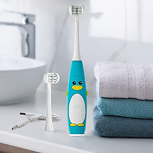 RAZOKO Kids Electric Toothbrush 3 Sided Toothbrush,Sonic Toddler Toothbrush with 2 Brush Heads, Intelligent Timer 5 Gears Adjustment,Ipx7 Waterproof,USB Cable