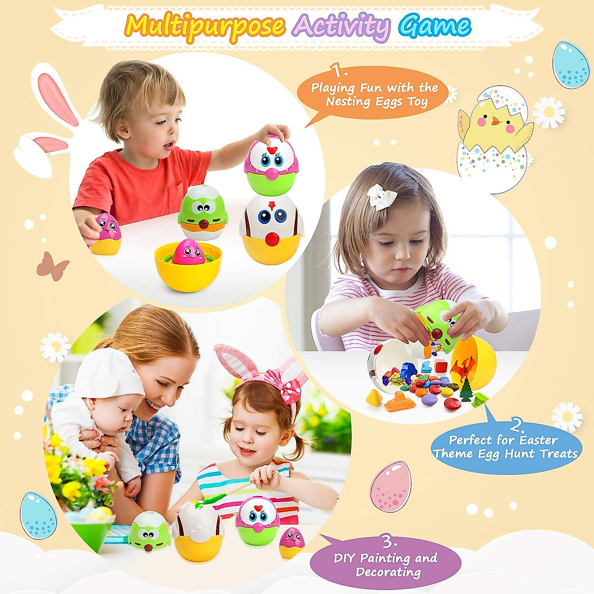 Easter Egg Toys for Toddler, 8 Pcs Nesting & Stacking Chicks Matching Toys for 18 months, 2, 3+ Yr Old, Plastic Eggs Fillable, Easter Basket Stuffers, Gift for Girl Boy Easter Party Favor, Easter Hunt