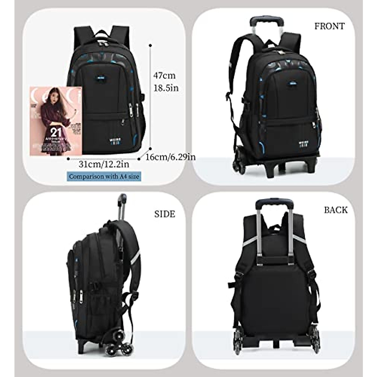 Rolling Backpack for Boys Girls Trolley Bag with Wheels Roller Backpack for Kids Wheeled Middle School Bookbags