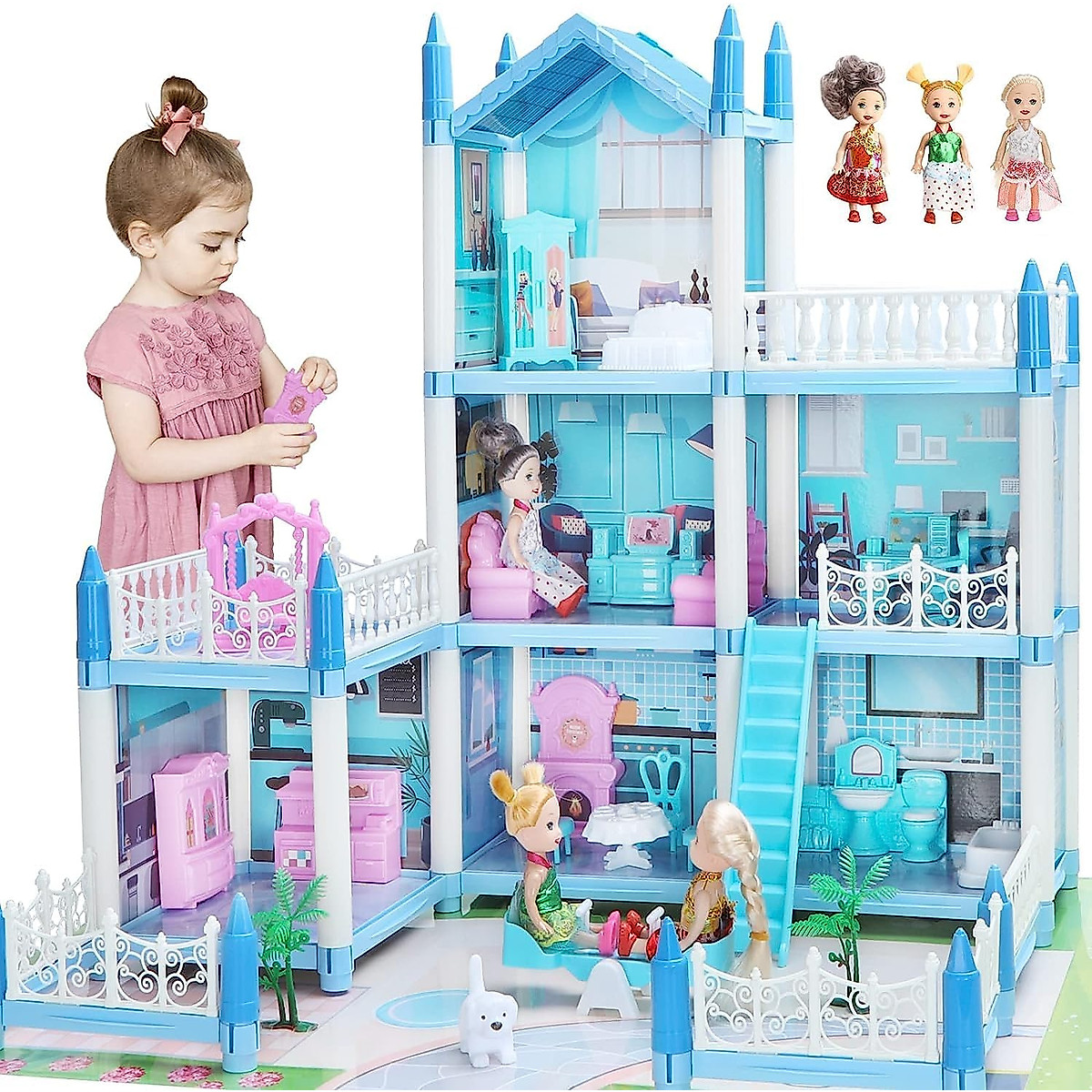 Doll House for Girls 2 3 4 5 6 7 8 Year Old - 3-Story 6 Rooms Dollhouse with 3 Dolls Light Accessories Furniture and Play Mat, DIY Pretend Dream Dollhouse Toy Gift for Kids (20.5'' x 16'' x 18.7'')