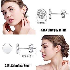 FIBO STEEL 8 Pairs Stainless Steel Star Bar Stud Earrings for Women Cute CZ Stud Earring Set Silver