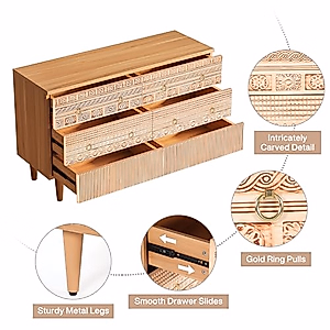 Tribesigns 6-Drawer Dresser, 47-Inch Boho Accent Dresser with 6 Carved Drawers, Double Wide Chest of Drawers, Wooden Dresser Cabinet with Metal Ring Pulls & Legs for Living Room, Bedroom, Oak