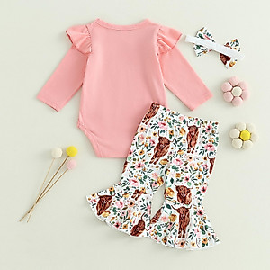 TheFound Western Baby Girl Clothes Ruffle Romper Cow Print Bell Bottoms Cowgirl Outfits for Girls Newborn Cute 2Pcs Set (Pink, 12-18 Months)
