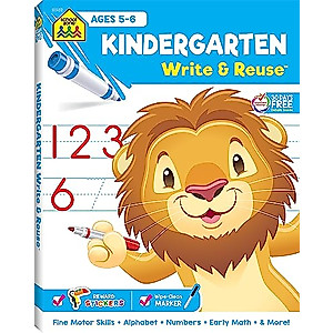 School Zone - Kindergarten Write & Reuse Workbook - Ages 5 to 6, Spiral Bound, Write-On Learning, Wipe Clean, Includes Dry Erase Marker, Early Math, and More (School Zone Write & Reuse Workbook)
