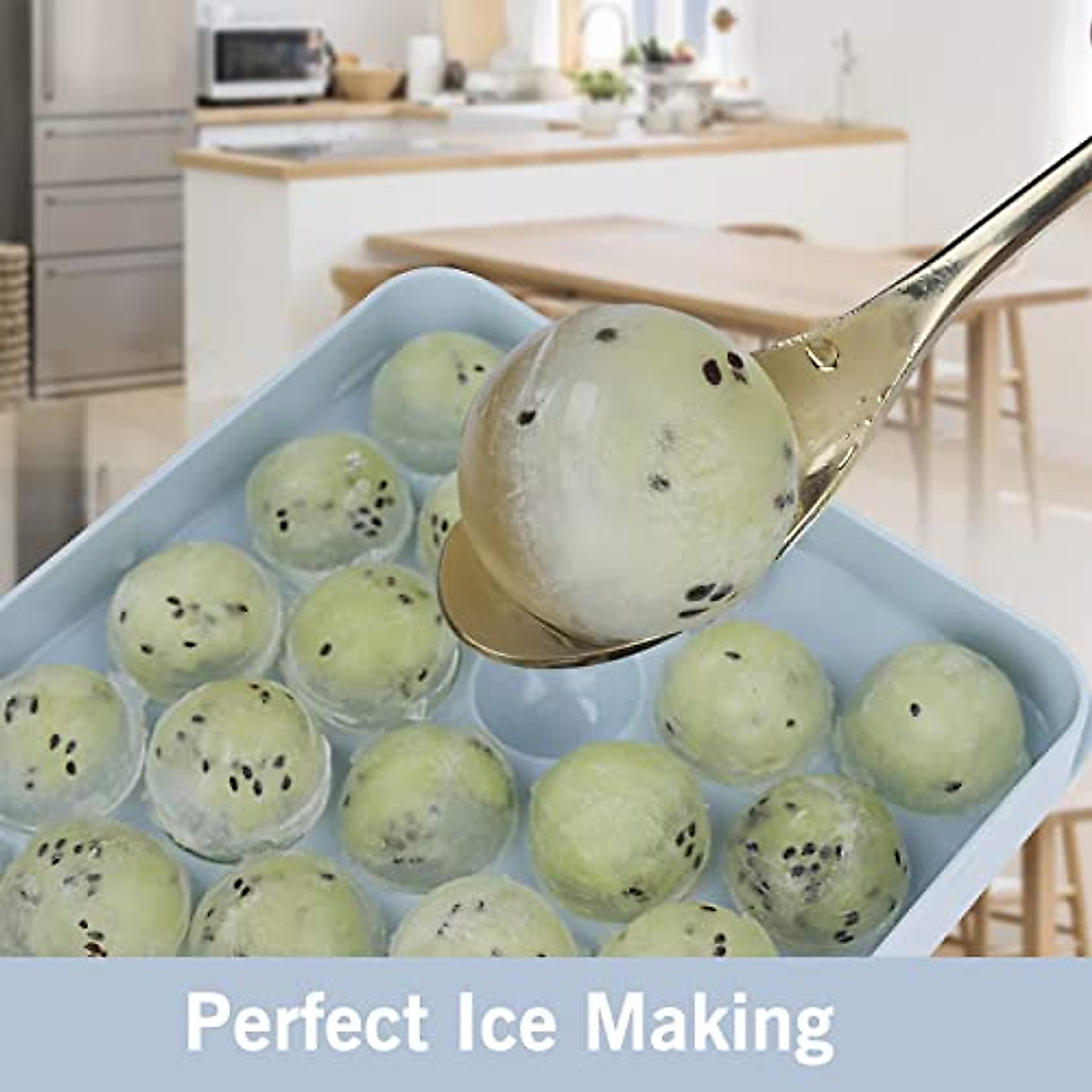 DZHJKIO Round Ice Cube Trays for Freezer with Cover & Bin, 3 Packs 1In Small Circle Ice Ball Maker Mold, BPA Free Ice Tray for Cocktail & Whiskey (3 Sphere Trays & 1 Container & Ice Tongs) (Blue)…