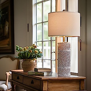 OYEARS 25.5 "Retro Farmhouse Table Lamps Set of 2 Woven Pattern Resin Bedside Lamps Classic Country Washed White Lamp for Bedroom Living Room Home Office