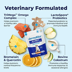 Vetnique Labs Dermabliss Seasonal Dog Allergy Chews (30ct) Glandex Anal Gland Support Powder with Pumpkin for Dogs (5.5oz Pork) Bundle