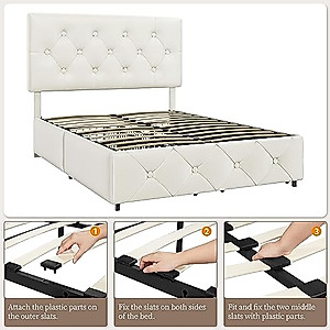 Yaheetech Full Upholstered Bed Frame with 4 Storage Drawers and Adjustable Headboard, Faux Leather Platform Bed Frame with Mattress Foundation, Strong Wooden Slats Support, No Box Spring Needed, Beige