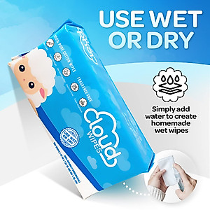 Cloud Wipes Pure Dry Cotton Baby Wipes Soft Durable Unscented Cloth Tissue for Sensitive Skin (2-Pack 200 Count)
