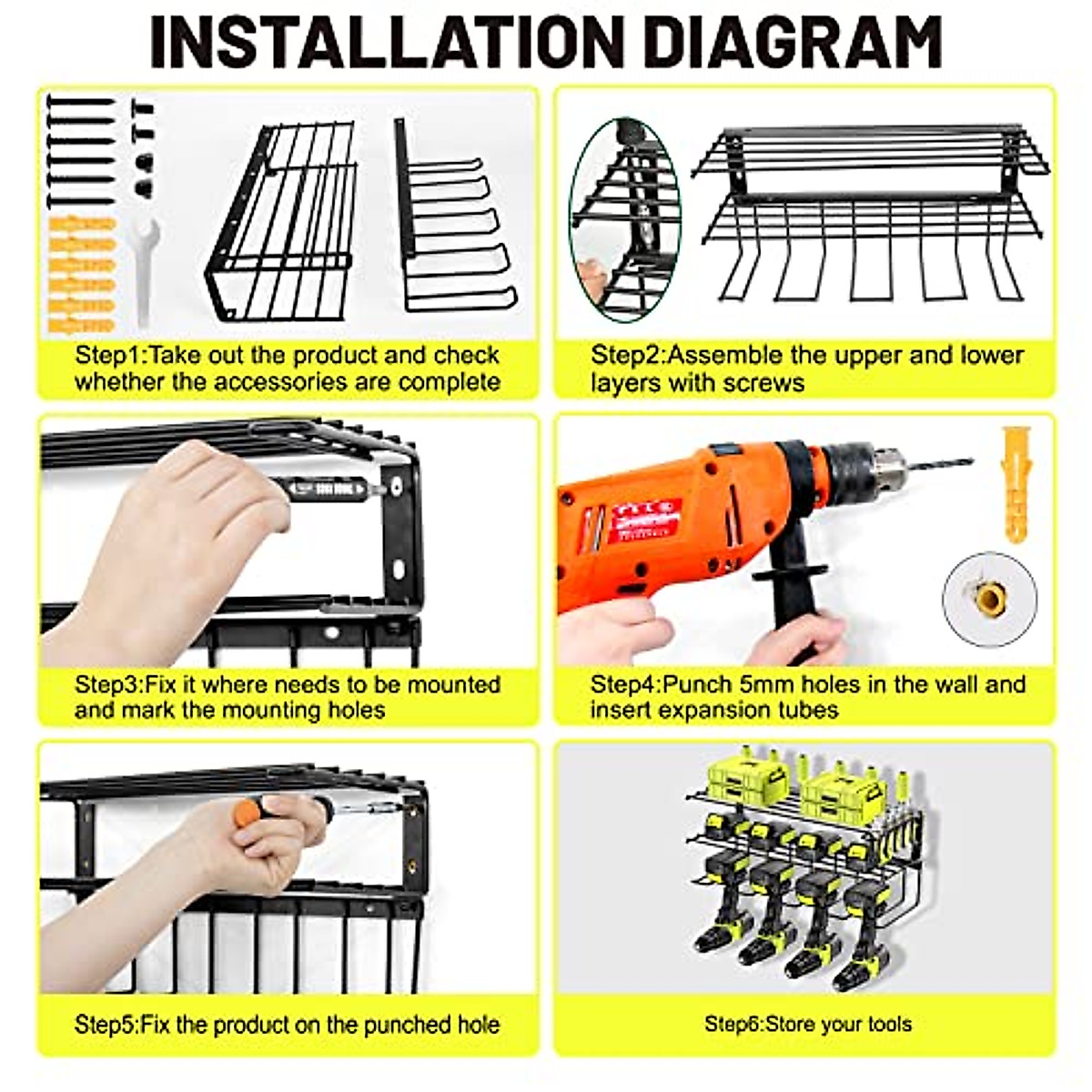 2 Pack Power Tool Organizer Wall Mount,Heavy Duty Metal Drill Holer with Screwdriver Holder,Tool Organizers and Garage Storage Rack for Garage Organization,Tool Shelf Holder for Lifetime Use