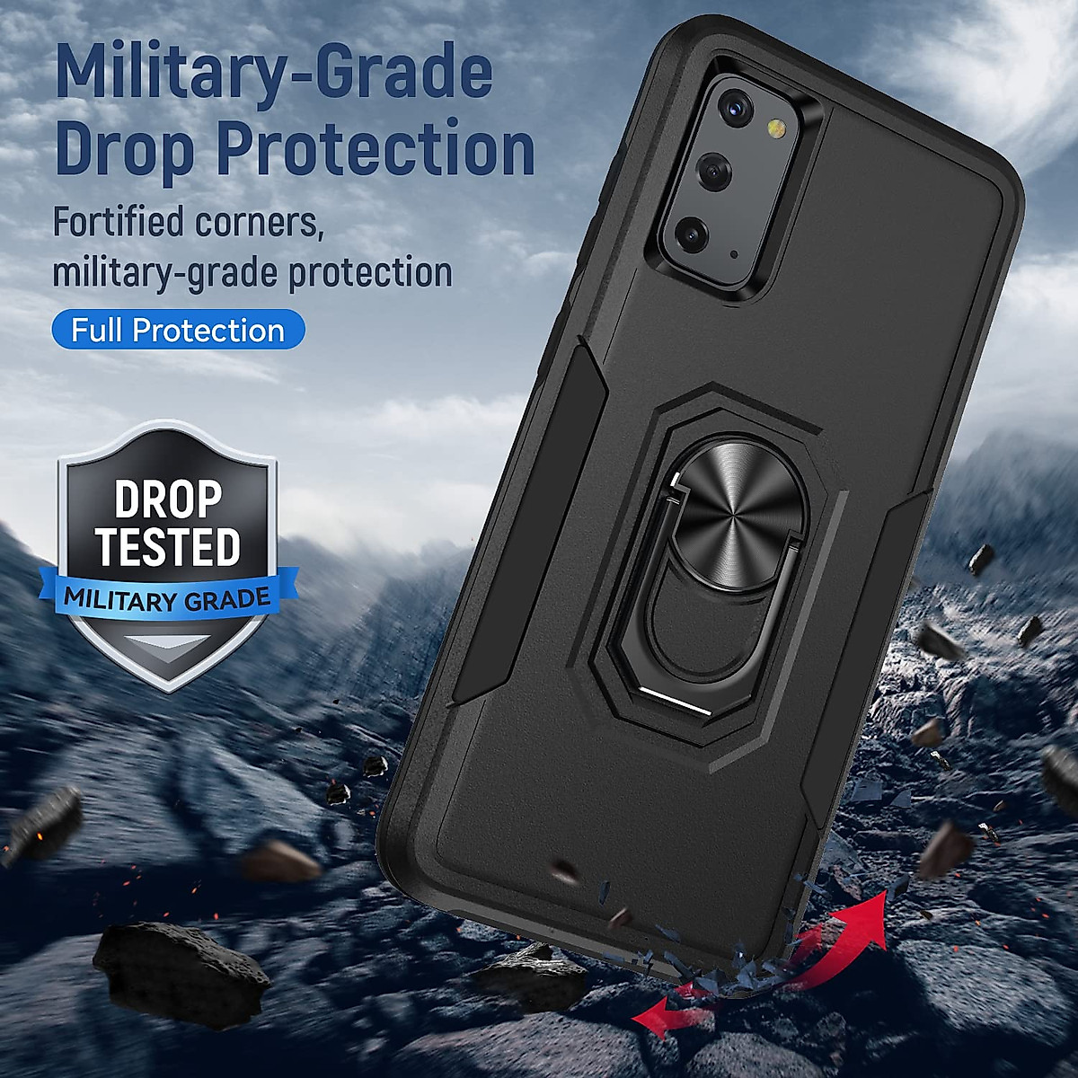 Galaxy S20 Case Samsung S20 Case with 2 Pack Self Healing Flexible TPU Film, YmhxcY [Military-Grade] 360°Finger Ring Holder Shockproof Protective Caser for Samsung Galaxy S20-Black