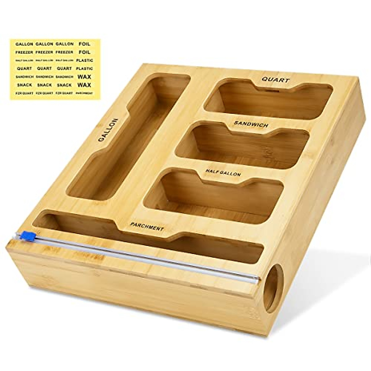 Zgioo Ziplock Bag Storage Organizer for Kitchen Drawer, Storage Bag Organizer with Foil Dispenser, compatible with Quart, Gallon and Snack Bags (1 box 5 slots 1 sliding cutter)