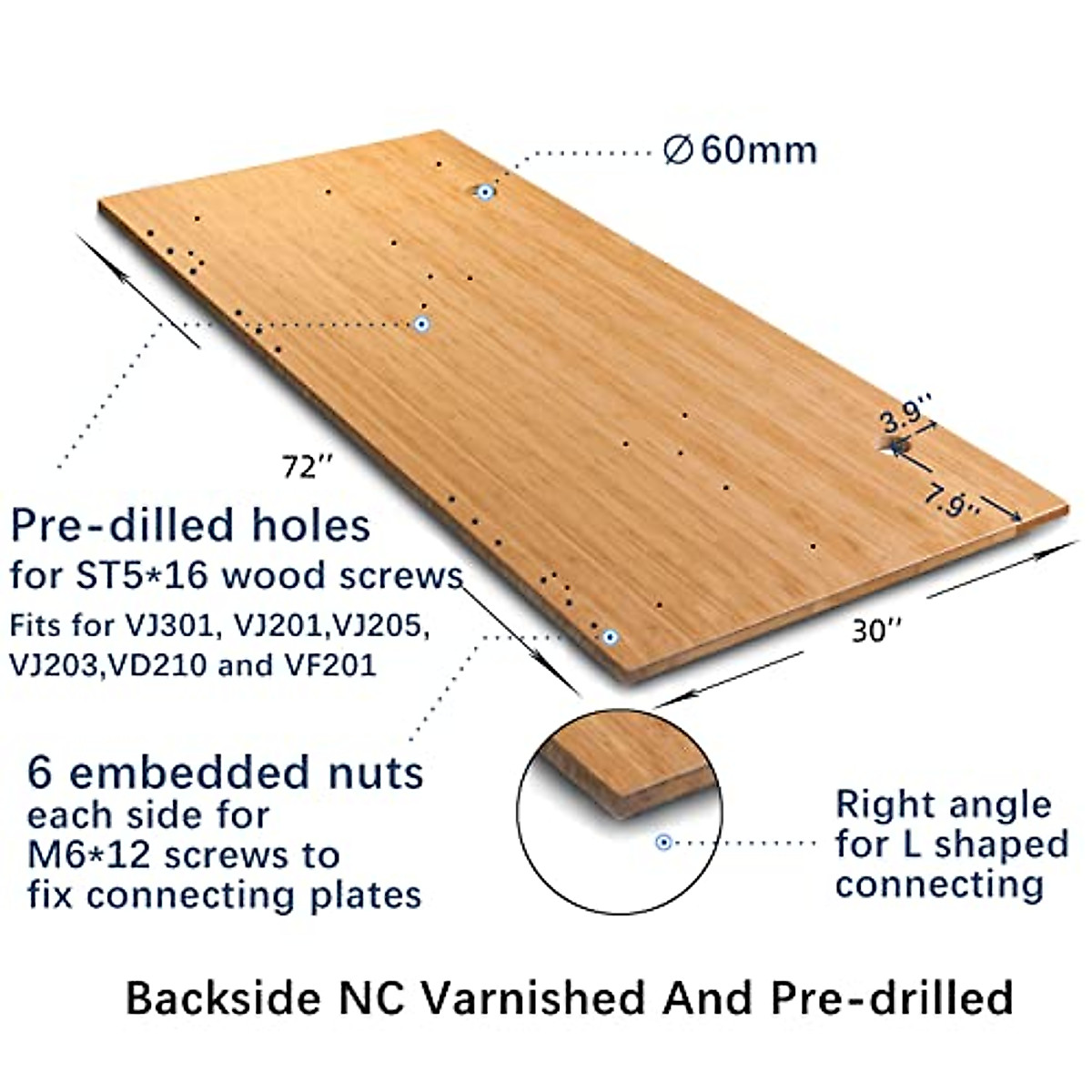 VWINDESK 72 x 30 x 1 Inch 100% Solid Bamboo Desk Table Top Only,for Standing Desk Home Office Desk with 60mm Grommets(Right Angle)
