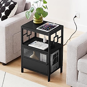 MNEETRUNG End Table with Charging Station, Side Table with USB Ports and Outlets, Bedside Tables with Door, 3-Tier Nightstand for Small Space, Living Room, Bedroom, Black