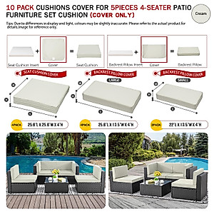 ClawsCover 10Pack Outdoor Seat and Back Cushions Replacement Covers Fit for 5 Pieces 4-Seater Wicker Rattan Furniture Patio Conversation Set Sectional Couch Chair,Cream-Include Cover Only