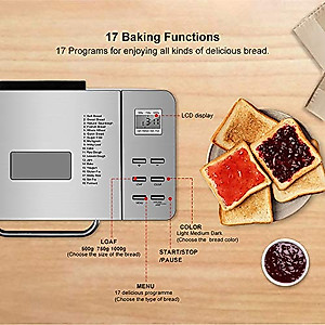 Automatic Bread Machine 3D Automatic Turning Breadmaker Professional Non-stick Family Bread Maker with Smart Fruit Nuts Dispenser, 17 Progammes, 15 Hours Timing