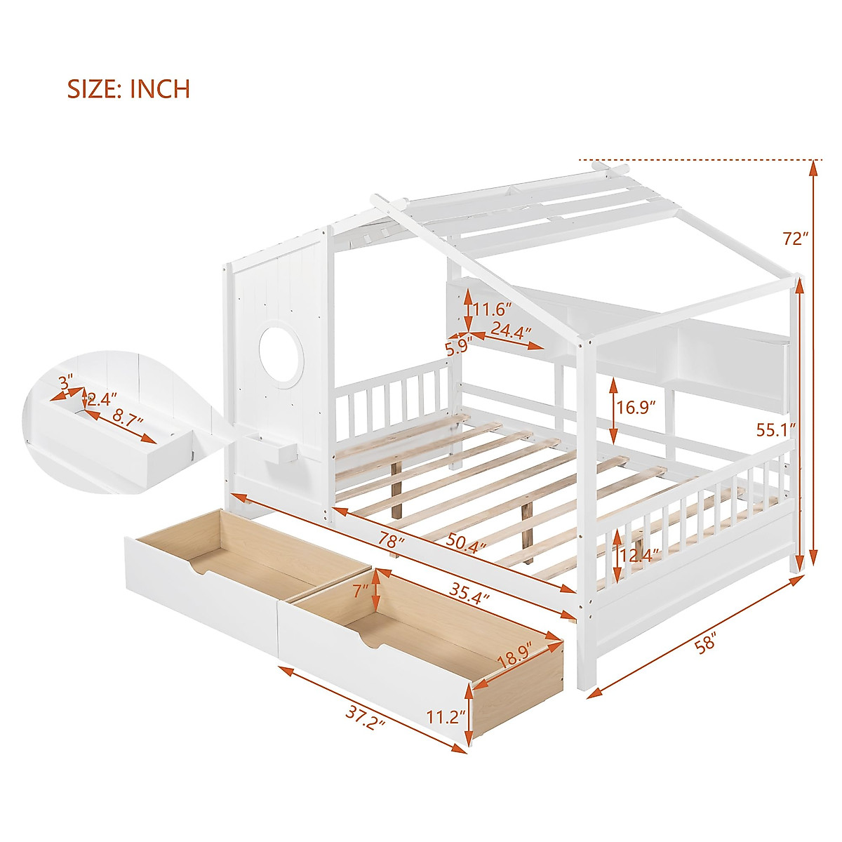 Tdewlye Wooden Full Size House Bed with 2 Drawers,Kids Bed with Storage Shelf, Montessori Bed with Roof and Window Design for Girls Boys (White-07)