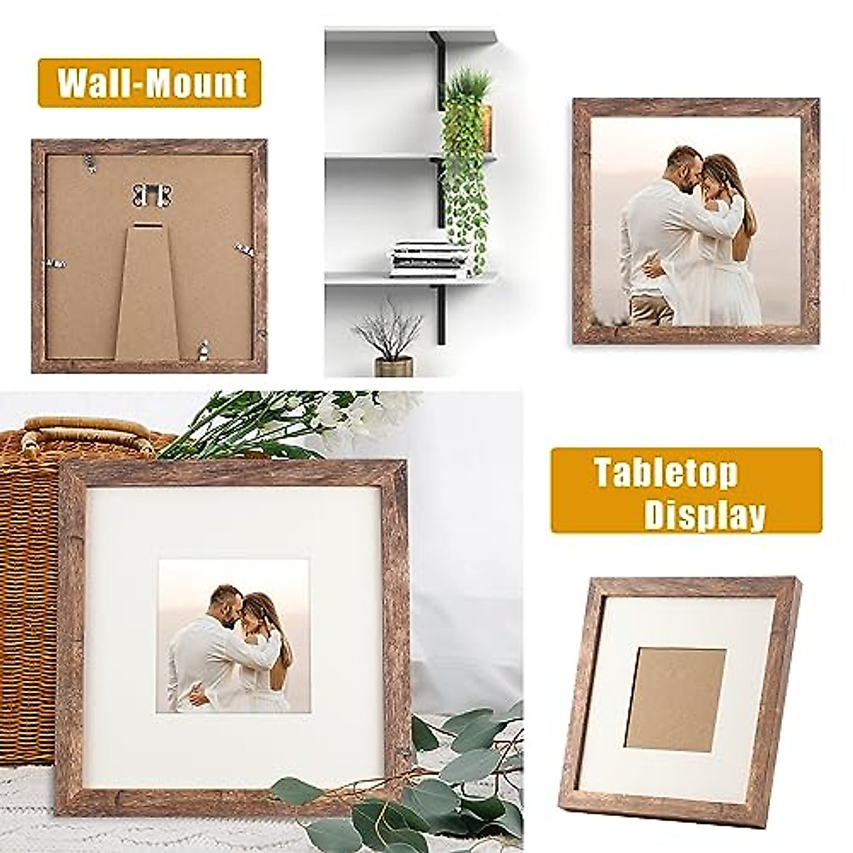 AVEAX 8x8 Picture Frames Display Pictures 4x4 with Mat or 8x8 Without Mat, Set of 4 Square Photo Frame for Wall or Tabletop Brown