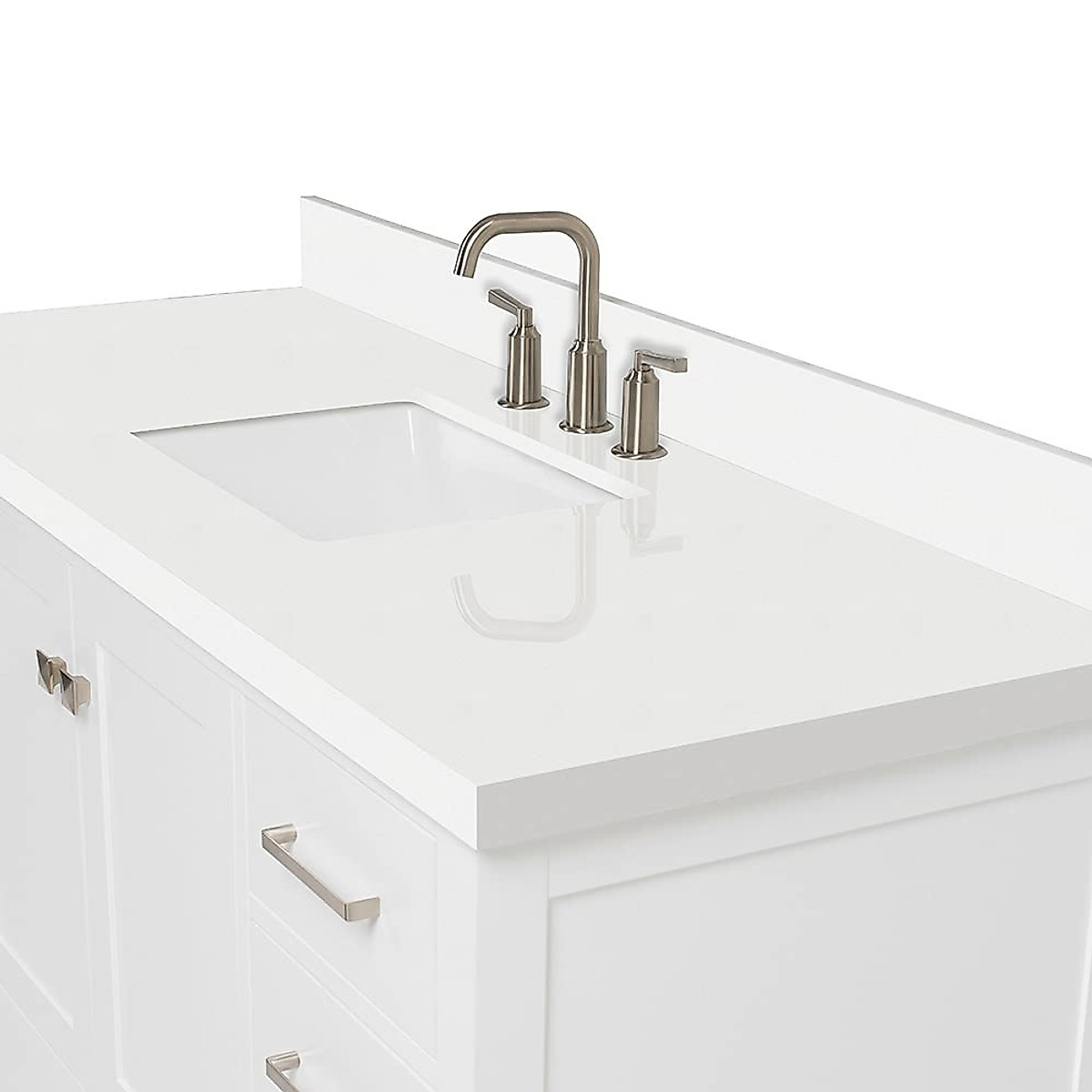 ARIEL Cambridge 55" White Bathroom Vanity with Sink, 1.5" Edge Pure White Quartz Countertop & Backsplash, Center Rectangular Sink, 2 Soft Closing Doors, 9 Full Extension Dovetail Drawers
