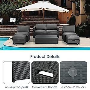 LIRUXUN 6PCS Patio Rattan Furniture Set Space Saving Cushioned No Assembly Loveseat Armless Sofa