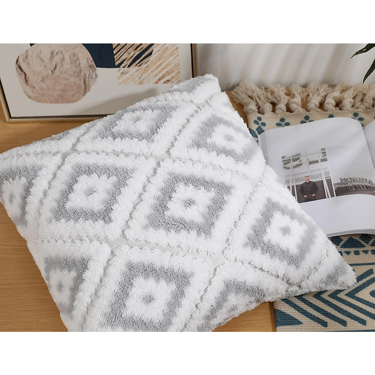 NUYECY Faux Fur Boho Throw Pillow Covers 20 x 20 Light Grey,Super Soft Plush Decorative Checkerboard Pattern Neutral Fur Square Pillow Cover Pillowcase Cushion Covers for Sofa Couch Bed Farmhouse