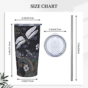 EVANEM 20 Oz Stainless Steel Tumbler With Straw Cleaner Dragonflies Grey Printed Insulated Cup Travel Coffee Mug Vacuum Insulated Tumblers For Home Office