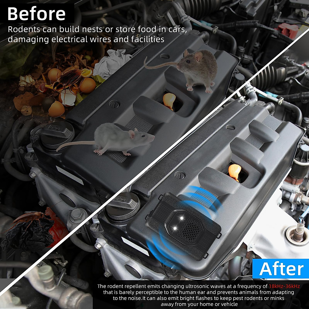 Rodent Deterrent for Cars,2 Pack Car Rodent Repellent Under Hood with Ultrasonic and Strobe Light to Keep Rodents Squirrels Out of Car,Battery Operated Rodent Repellent for Car Engines RV Garage