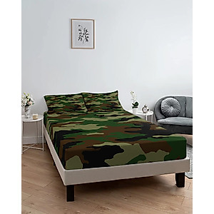 Military Camouflage Forest Camo Fitted Sheet Set for King Size Bed 3 Pieces Bedding Sheets-Deep Pocket Bedsheet Fits Mattress Upto 16",2 Pillow Cases Bedroom Decor American Army