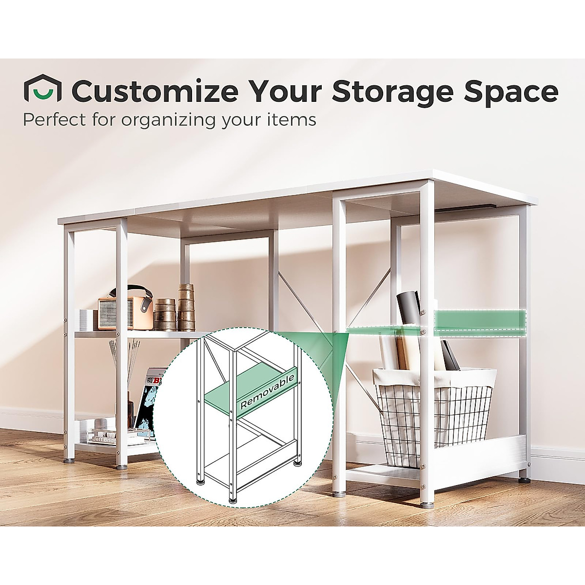 AODK 40 Inch Small Writing Desk with Power Outlets & USB Charging Port, Computer Desk for Small Spaces Home Office, Student Laptop PC Desks with Storage Shelves, Kids Desk, White