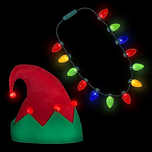 Windy City Novelties Ugly Sweater Christmas Party Kit - Holiday LED Elf Hat + LED Christmas Bulb Necklace Combo for Christmas Parties, Caroling, Gatherings & Party Favors