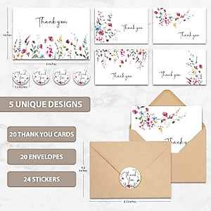 Floral Thank You Cards With Envelopes (bulk 20-4x6) - Thank You Notes With Envelopes Set - Wildflower Thank You Cards With Envelope And Stickers - for Birthday, Wedding, Bridal Showers, Baby Showers