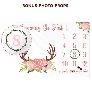 Eunikroko Baby Monthly Milestone Blanket for Girls Fleece Blankets Floral Deer Antler for Watch Me Grow Photography Background Weeks Months with Props for Newborn Infants Shower Gift