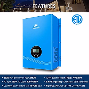 UL1741 8000W DC 48V MPPT Solar Inverter Charger,Low Frequency Pure Sine Wave Split Phase Inverter AC Input 240V to Output 120V / 240V, with 80A AC Charger, Off Grid Inverter Made by SUNGOLDPOWER