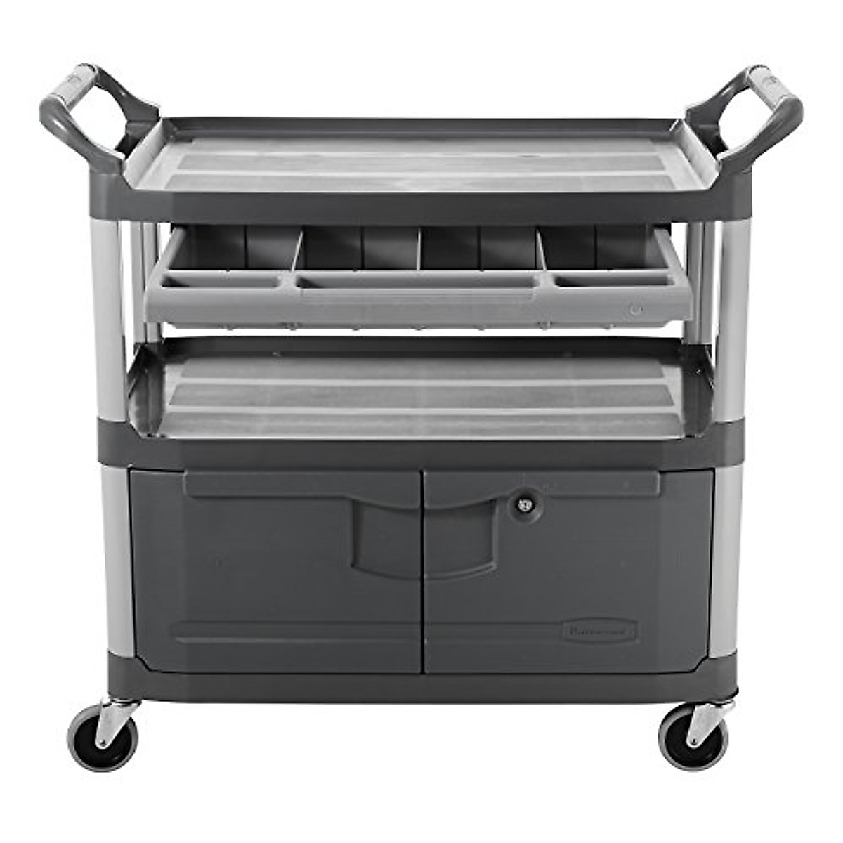 Rubbermaid Commercial Xtra Instrument and Rolling Utility Cart, Gray, with Drawer and Cabinet, for Service Restaurant Hospitality 300 lbs