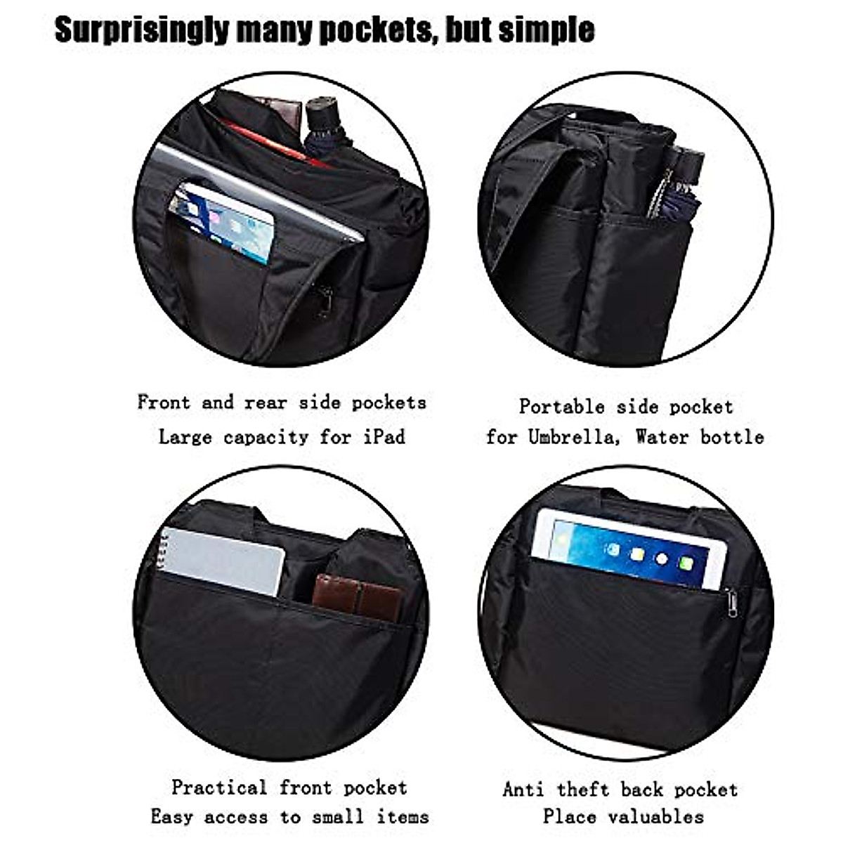 Scorlia Insulated Lunch Shoulder bag, Extra Large Lunch Tote Handbag, Durable Reusable Cooler Ladies lunch Box Bag with Side pockets, Tall Drinks Holder for Women Men Work, Black