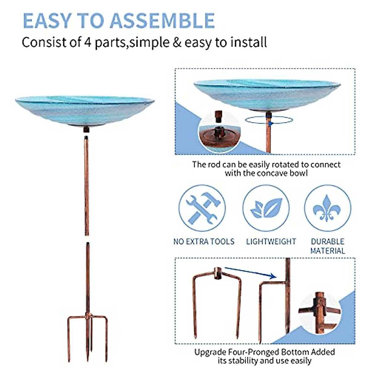 VCUTEKA Outdoor BirdBath Glass Bird Bath Garden Bird Feeder with Metal Stake