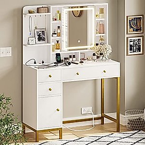 Makeup Vanity with Lights, Vanity Desk with Openable Mirror & 3-Color Dimmable, White Vanity Table with Charging Station, Makeup Desk with Visual Drawer, Hooks, Hidden and Open Storage Shelves