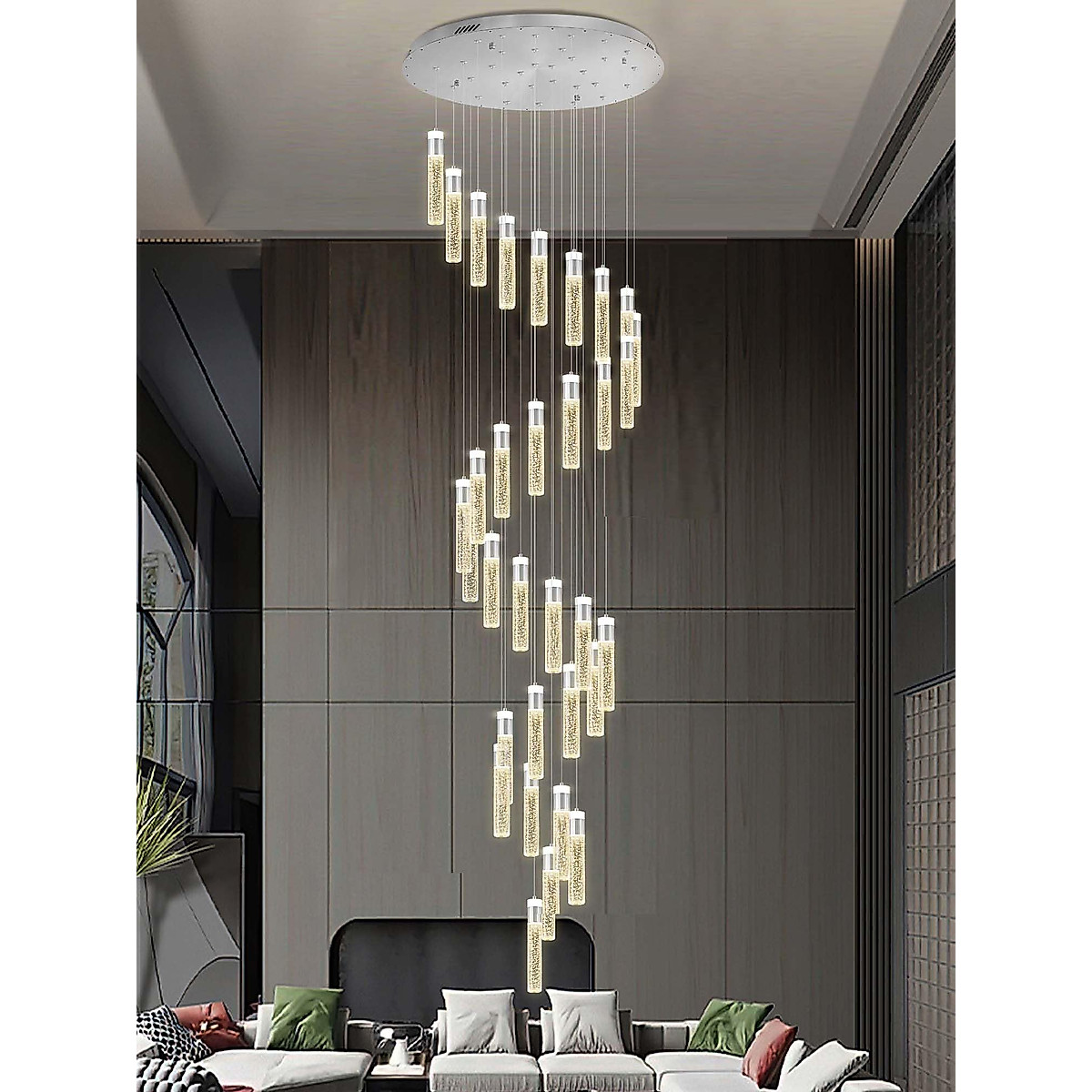 IDEQUY Large Crystal Chandeliers for High Ceilings 32-Lights Silver 150in Spiral Crystal Column Chandelier for Foyer Entryway LED Dimmable 3000K-6000K