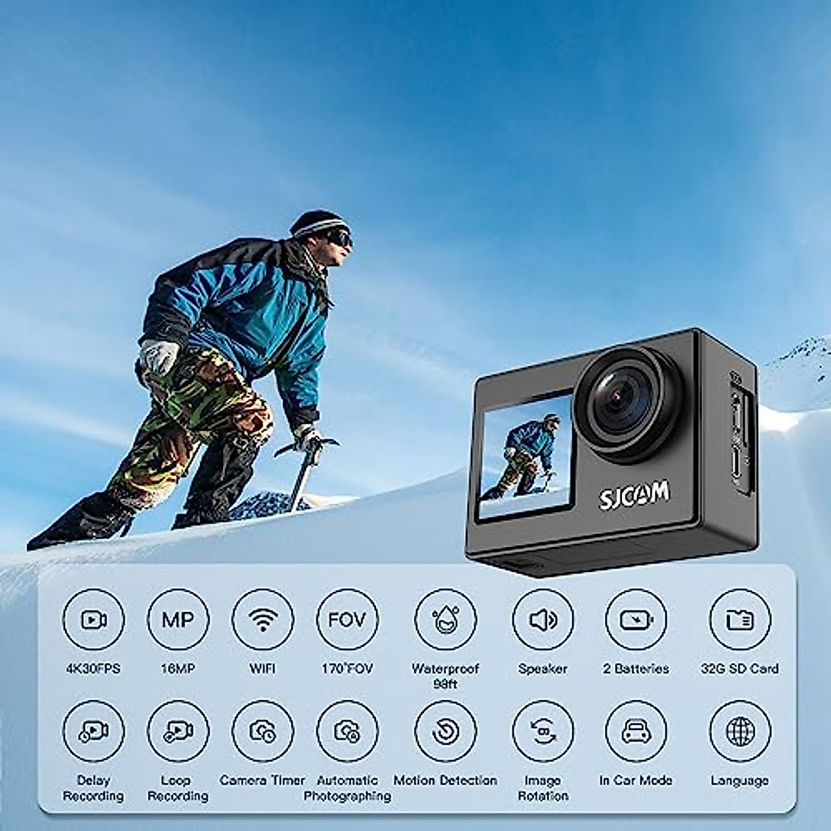 SJCAM Upgraded SJ4000 Action Camera 4K Ultra HD Dual Screen Underwater Camera 98FT Waterproof, 170° Wide Angle, Stabilization, 5X Zoom, WiFi Camera with Extra Battery, SD Card, Helmet Accessories Kit
