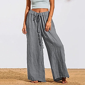 Costaric Linen Pants for Women Summer Casual Elastic Waist Palazzo Pants High Waisted Wide Leg Pants Beach Pants with Pockets XL Gray