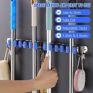 Mop Broom Holder Wall Mounted,6 Racks 3 Hooks Heavy Duty Stainless Steel Broom and Mop Hangers,Garage Storage Rack & Garden Tool Organizer, Self-adhesive/Screw Drilling