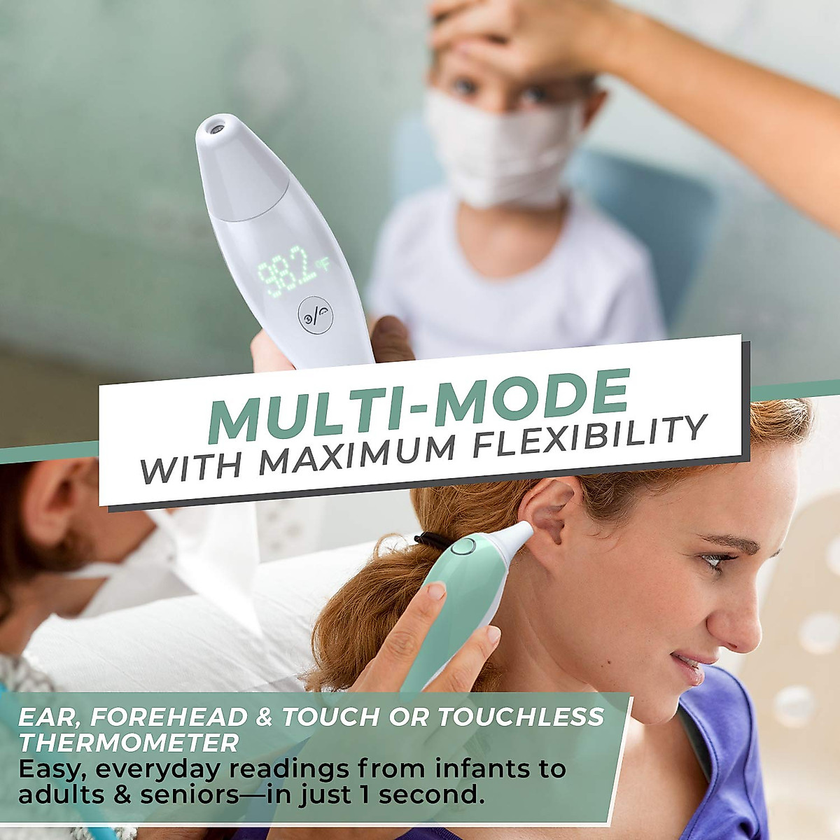 LOOKEE Breeze Infrared Forehead and Ear Thermometer for Adults, Kids, Babies, Infants | Touchless or Touch on Forehead | Medical Digital Fever Baby Thermometer with Large Front LED Display New Version