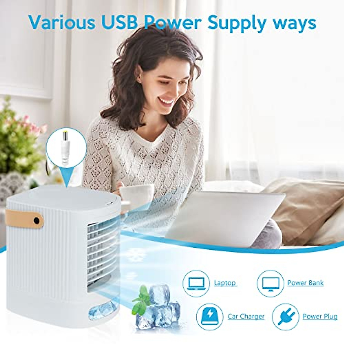 Longzhuo Portable Air Conditioner, 4 in 1 Evaporative Air Cooler with 600ml Water Tank, 7 Night Light Portable Air Cooler, Personal Desktop Cooling Fan for Car Home Camping Room