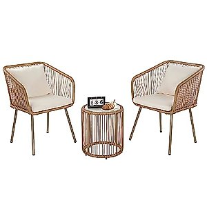 3-Piece Outdoor PE Rattan Bistro Furniture Set Patio Rattan Conversation Set Patio Furniture Set Glass Coffee Table Top and 2 Chairs with Cushions Lumbar Pillows for Yard Garden Porch Bistro, White