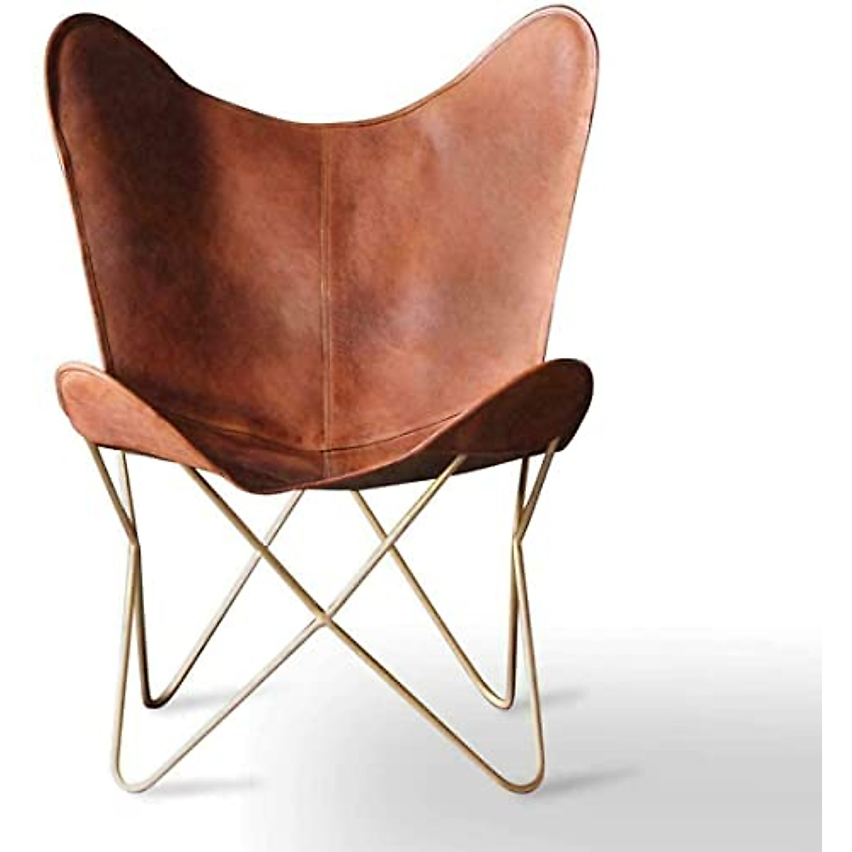 Shy Shy Let’s Touch The Sky Leather Living Room Chairs-Butterfly Chair Brown Leather Butterfly Chair-Handmade with Powder Coated Folding Iron Frame (Cover with Folding Frame) (Golden Frame)