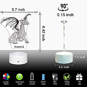 Fanmin Dragon 3D Optical Illusion Kids Lamp 3D Night Light Bedside Lamp 16 Colors with Remote Dragon Toys as a Perfect Birthday for Boys and Girls