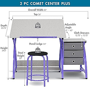 SD STUDIO DESIGNS 2 Piece Comet Craft Table | Angle Adjustable Top and Stool | Purple/Spatter Gray | 23.75 x 50 x 29.5 inches