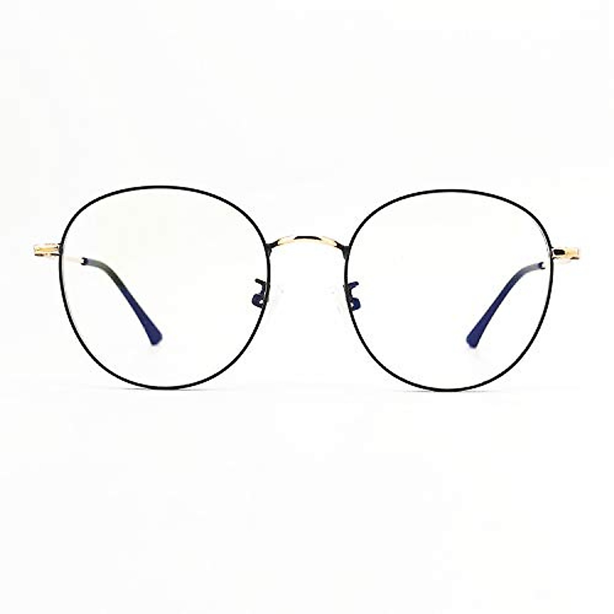 Optifine Blue Light Blocking Glasses Women Men Round Computer Reading Metal Eyeglasses Frame (0 Non Prescription, A. Black Gold)