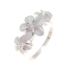 Arthur's Jewelry Sterling silver 925 3 Hawaiian plumeria flower ring clear cz size 8